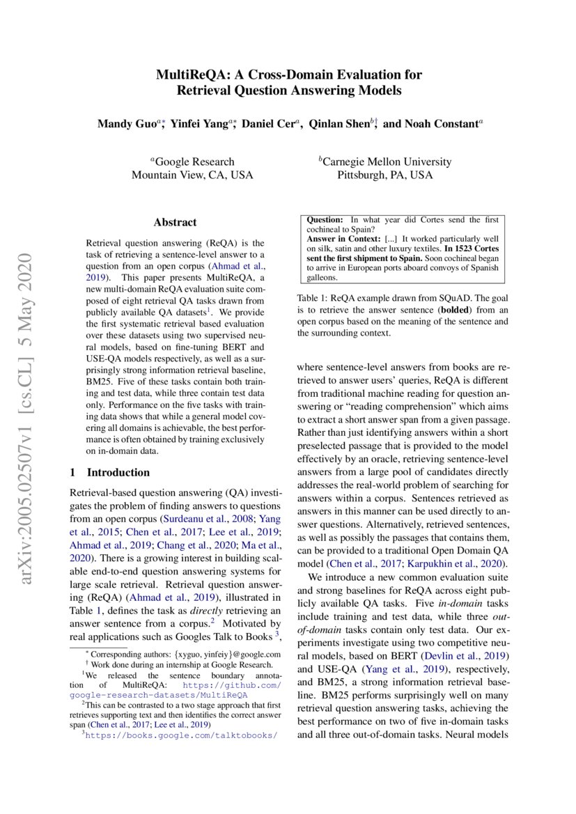 Multireqa A Cross Domain Evaluation For Retrieval Question Answering