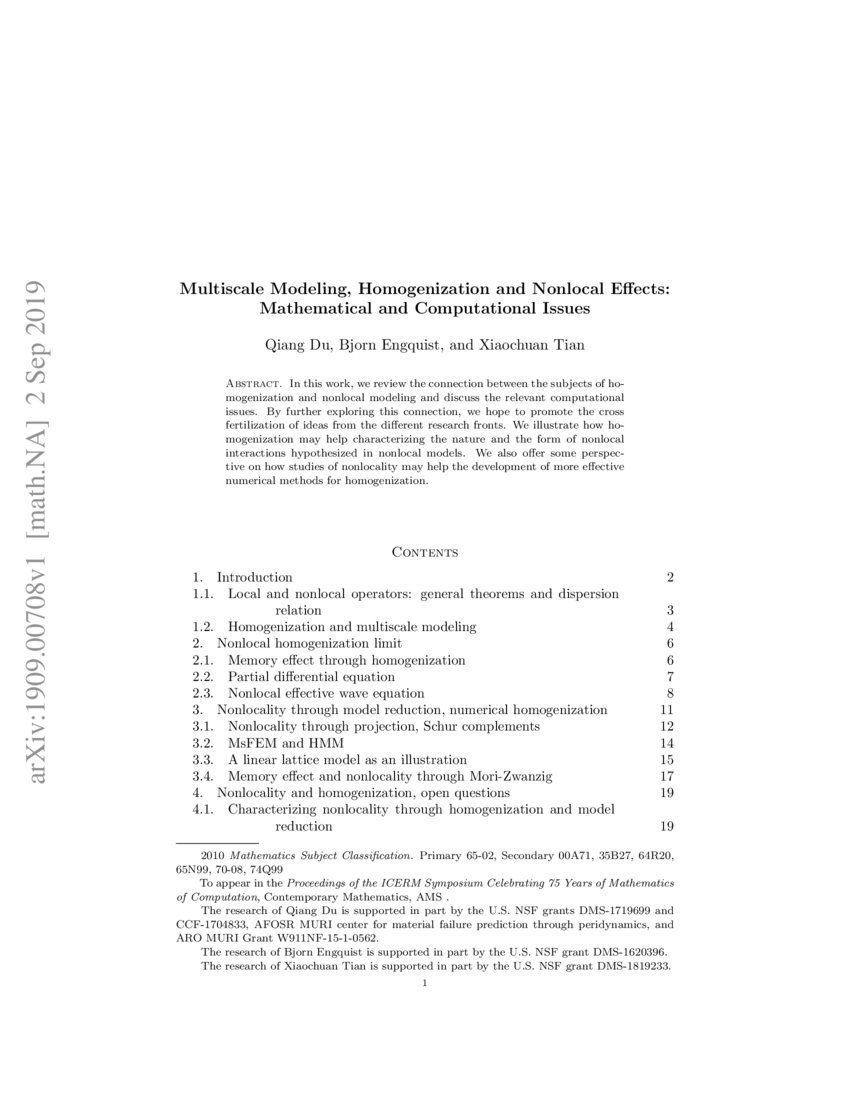 Multiscale Modeling, Homogenization and Nonlocal Effects: Mathematical and Computational Issues ...