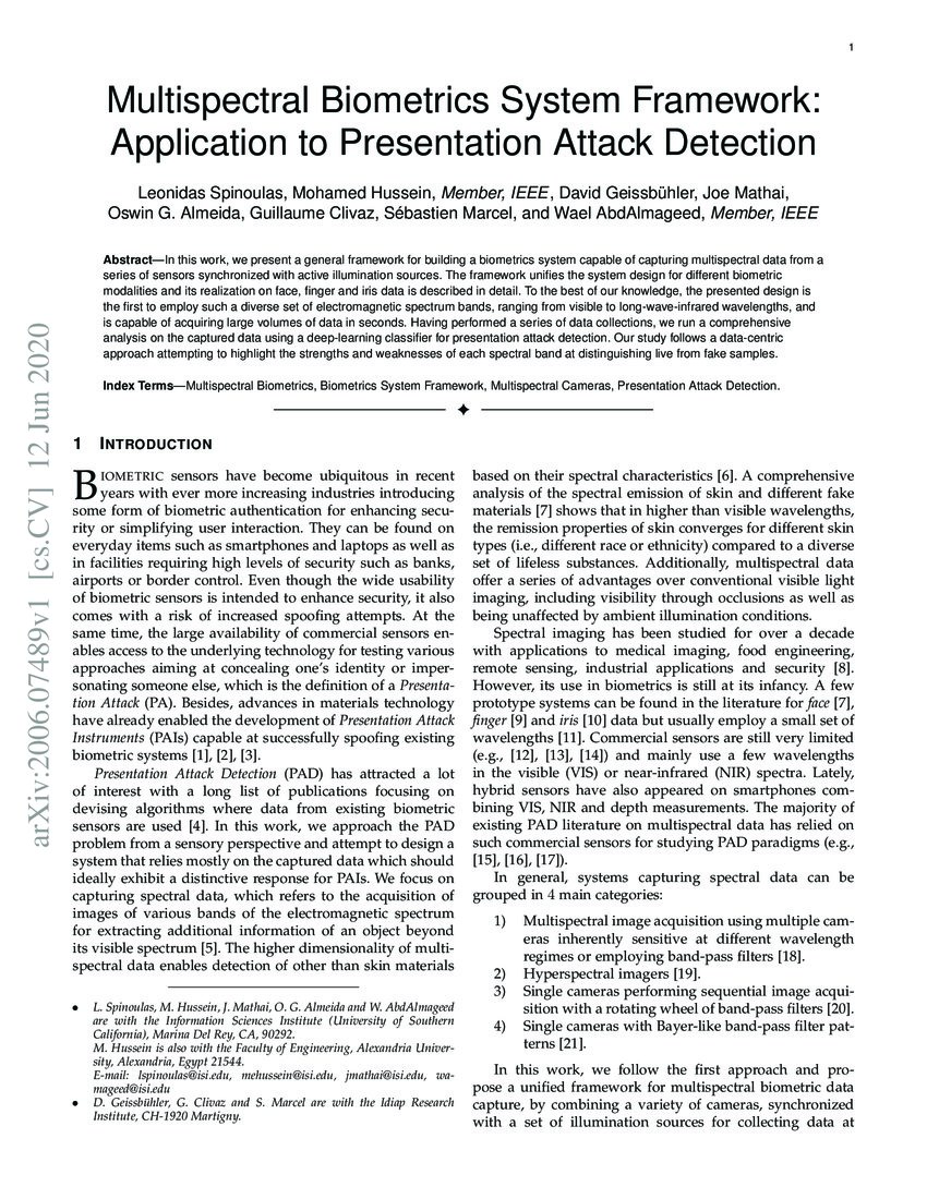 Multispectral Biometrics System Framework: Application to Presentation Attack Detection | DeepAI