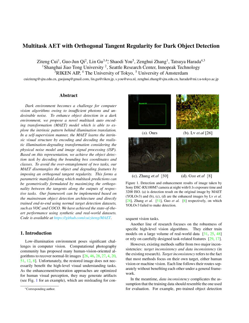 Multitask AET with Orthogonal Tangent Regularity for Dark Object Detection | DeepAI