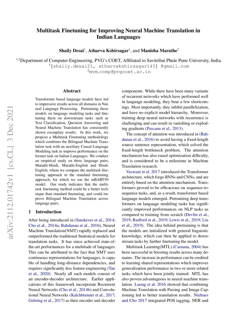 Multitask Finetuning for Improving Neural Machine Translation in Indian Languages | DeepAI