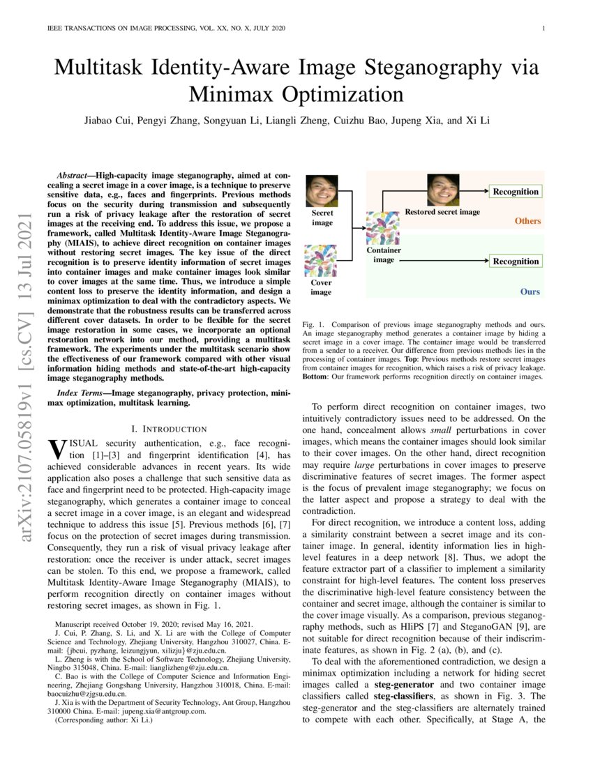 Multitask Identity Aware Image Steganography Via Minimax Optimization Deepai 