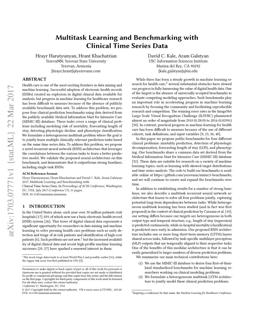 Multitask Learning and Benchmarking with Clinical Time Series Data | DeepAI Multitask Learning and Benchmarking with Clinical Time Series Data | DeepAI