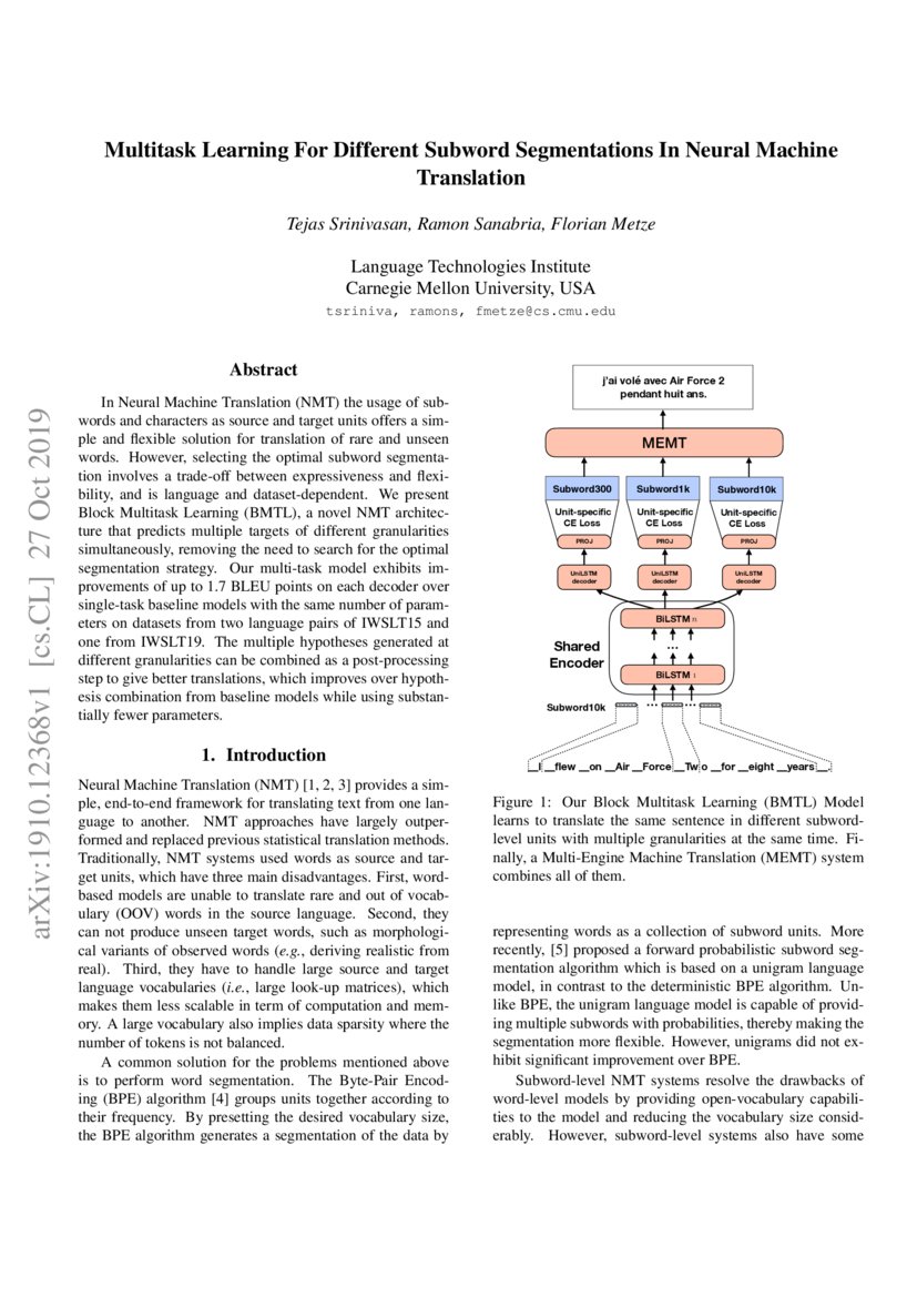 Multitask Learning For Different Subword Segmentations In Neural Machine Translation | DeepAI