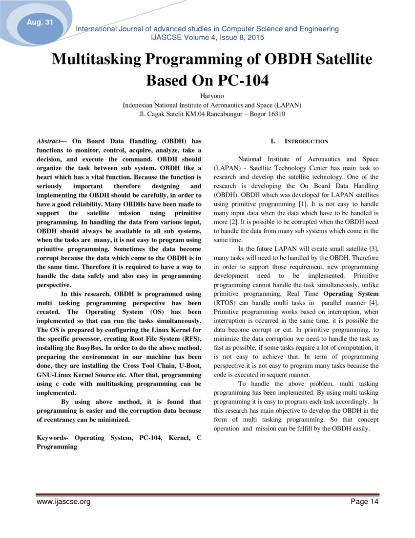 Multitasking Programming of OBDH Satellite Based On PC-104 | DeepAI