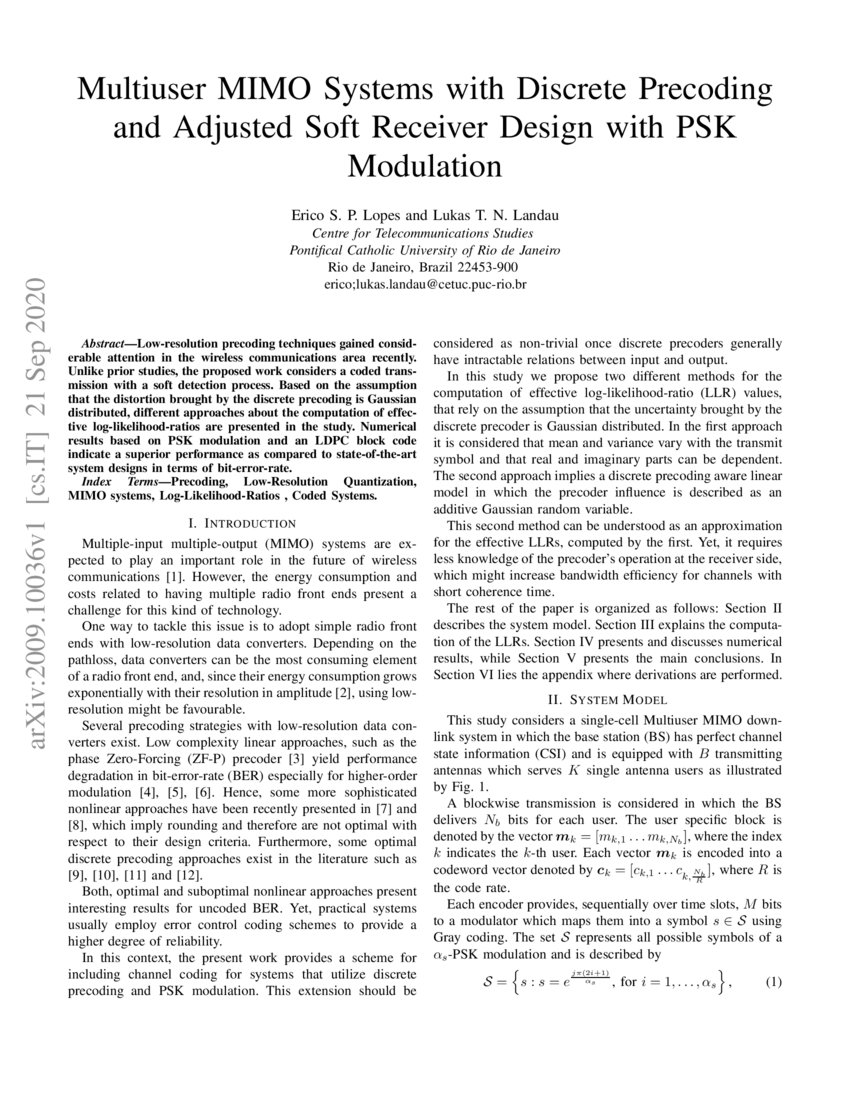 Multiuser Mimo Systems With Discrete Precoding And Adjusted Soft Receiver Design With Psk