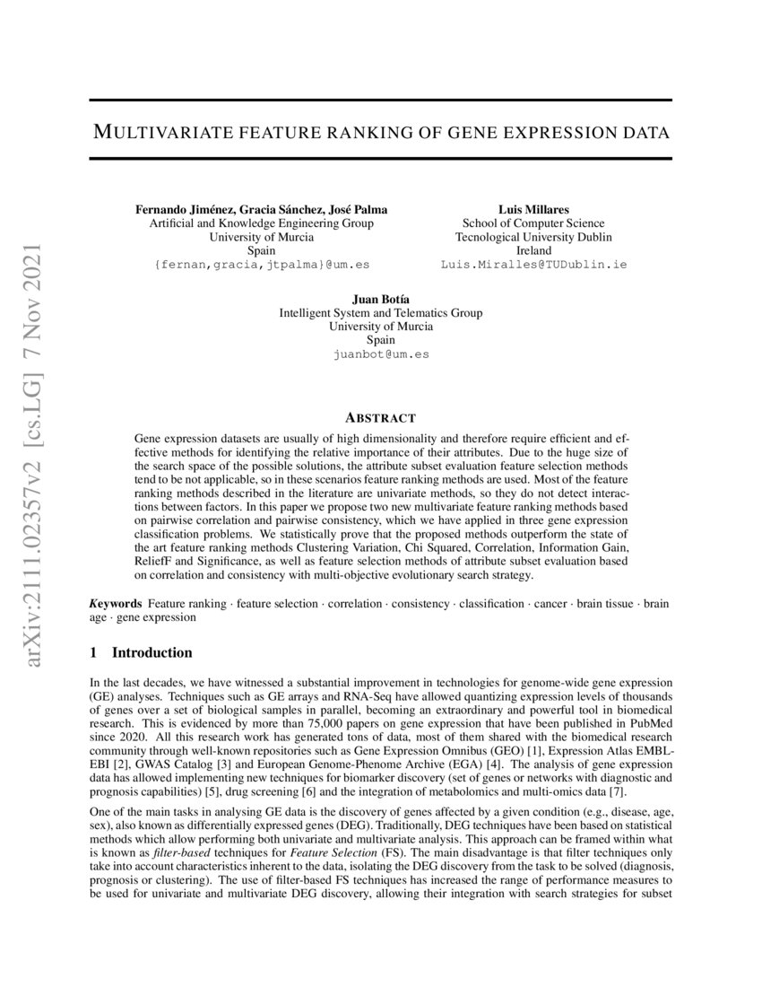 Multivariate Feature Ranking Of Gene Expression Data Deepai