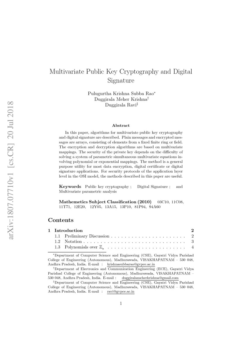 Multivariate Public Key Cryptography and Digital Signature | DeepAI