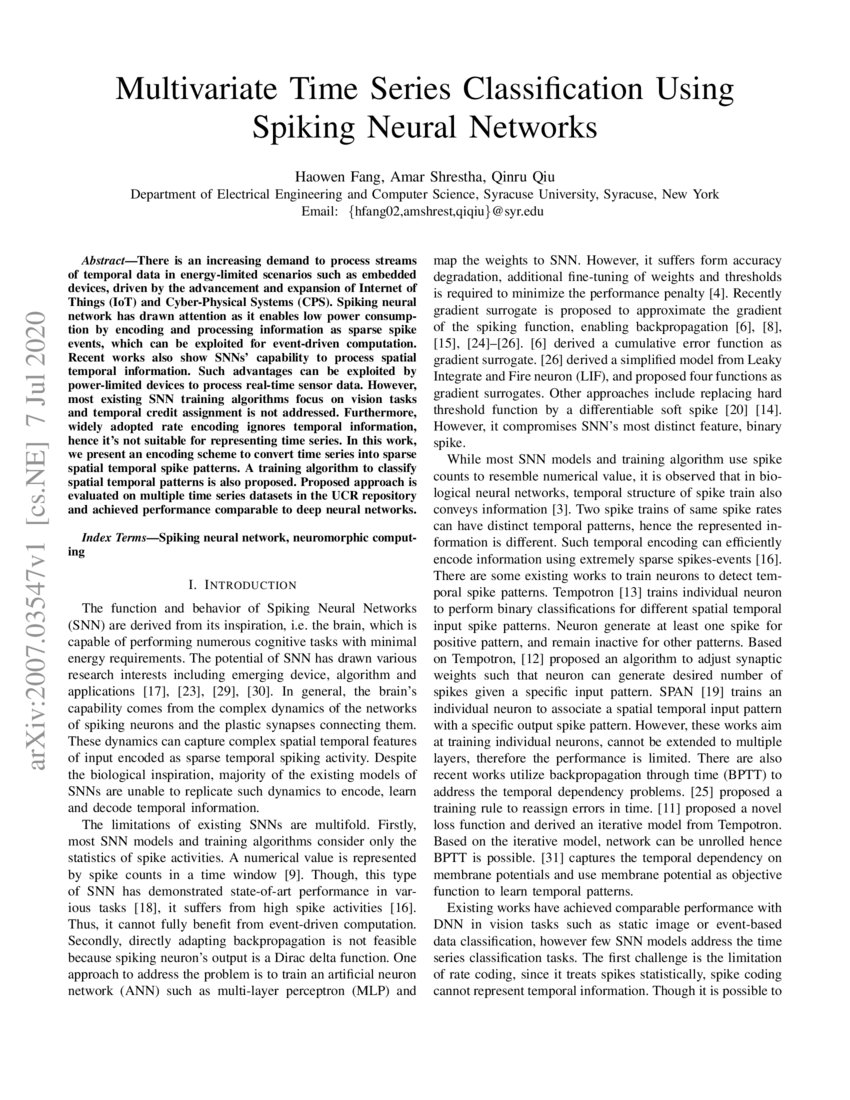 Multivariate Time Series Classification Using Spiking Neural Networks
