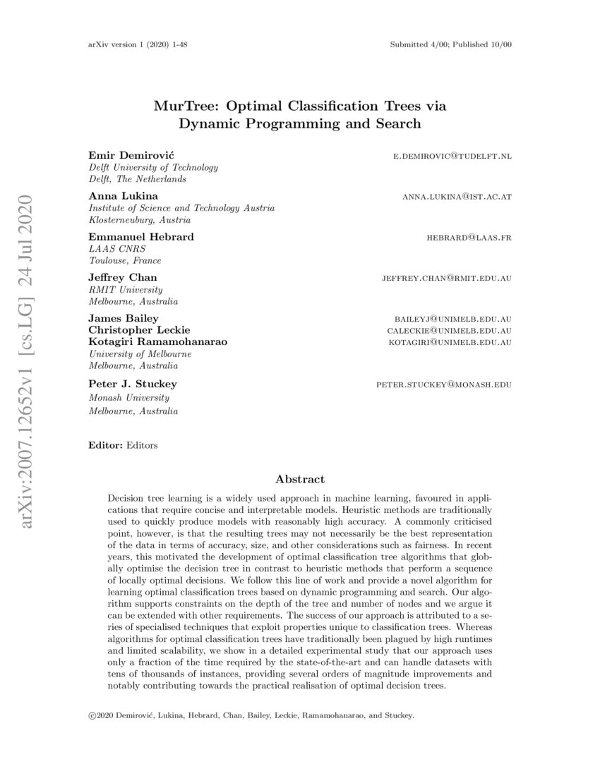 MurTree: Optimal Classification Trees via Dynamic Programming and Search | DeepAI