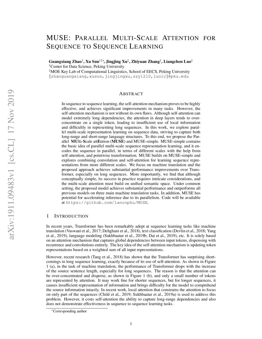 MUSE: Parallel Multi-Scale Attention for Sequence to Sequence Learning | DeepAI