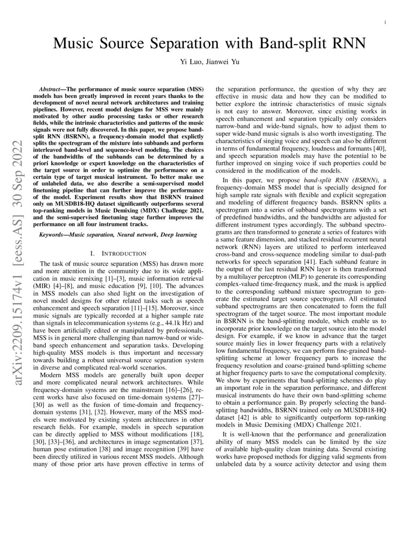 Music Source Separation With Band Split Rnn Deepai