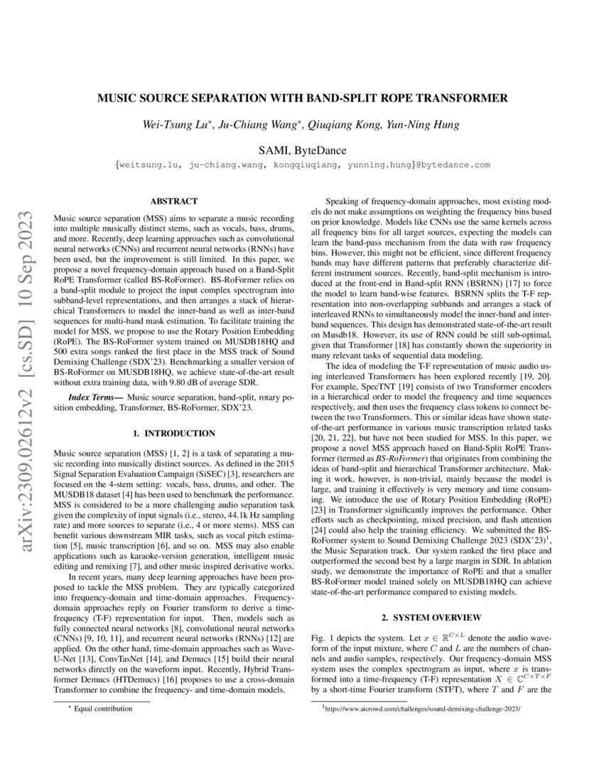 Music Source Separation with Band-Split RoPE Transformer | DeepAI