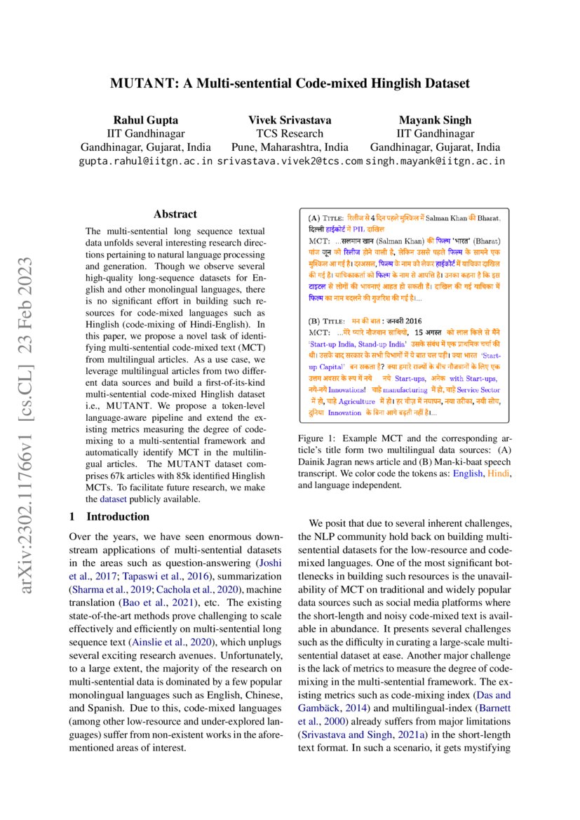 MUTANT: A Multi-sentential Code-mixed Hinglish Dataset | DeepAI