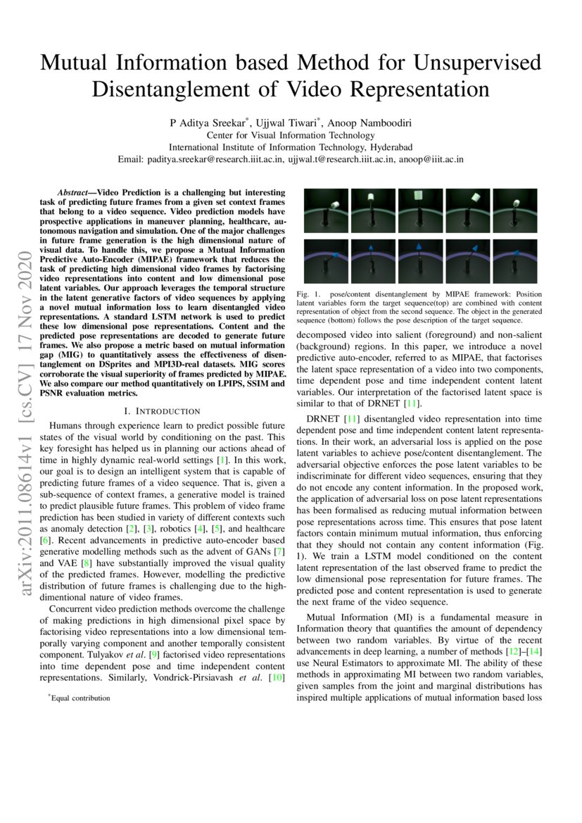 Mutual Information Based Method for Unsupervised Disentanglement of Video Representation | DeepAI