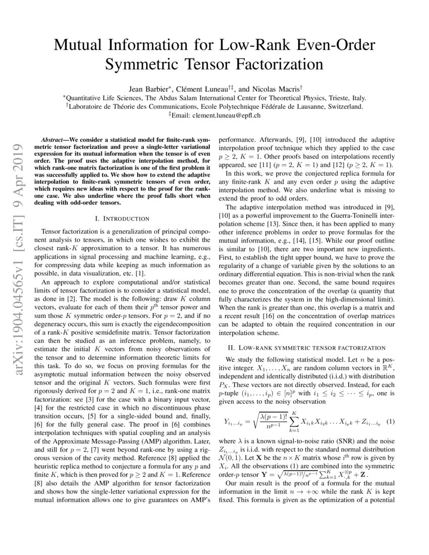 Mutual Information For Low Rank Even Order Symmetric Tensor Factorization Deepai