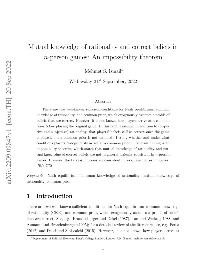 Mutual knowledge of rationality and correct beliefs in n-person games ...