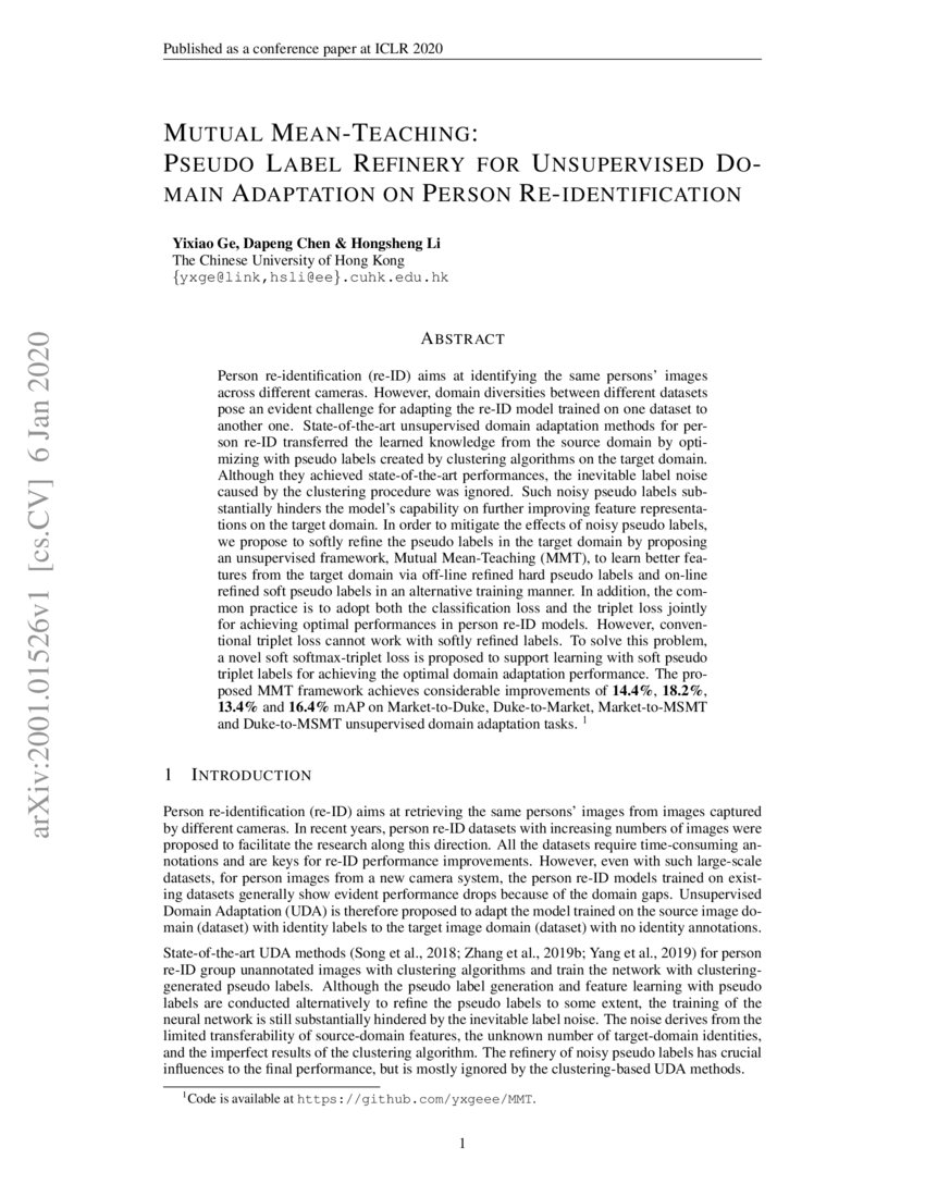 Mutual Mean-Teaching: Pseudo Label Refinery for Unsupervised Domain ... Mutual Mean-Teaching: Pseudo Label Refinery for Unsupervised Domain ...