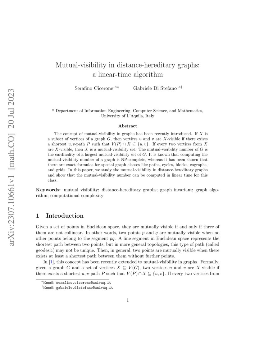 Mutual Visibility In Distance Hereditary Graphs A Linear Time Algorithm Deepai