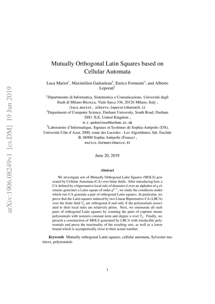 Mutually Orthogonal Latin Squares based on Cellular Automata | DeepAI Mutually Orthogonal Latin Squares based on Cellular Automata | DeepAI