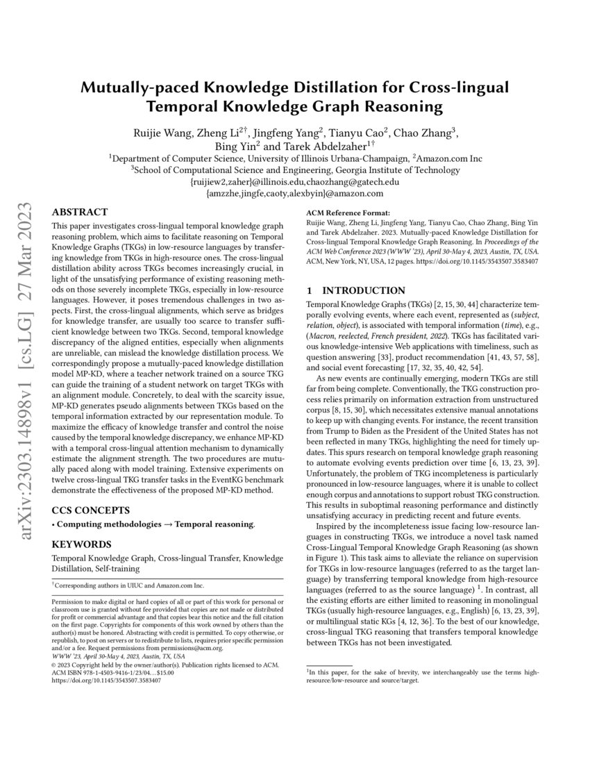Mutually Paced Knowledge Distillation For Cross Lingual Temporal Knowledge Graph Reasoning Deepai