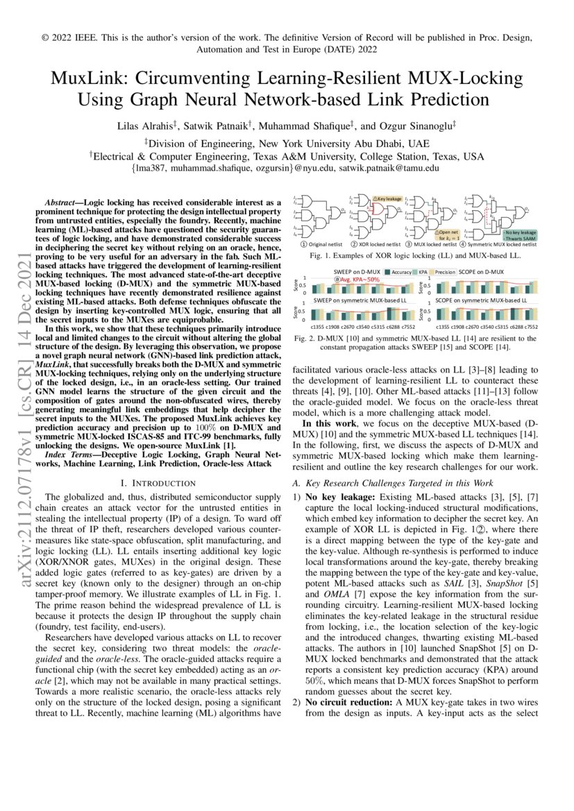 MuxLink: Circumventing Learning-Resilient MUX-Locking Using Graph Neural Network-based Link ...