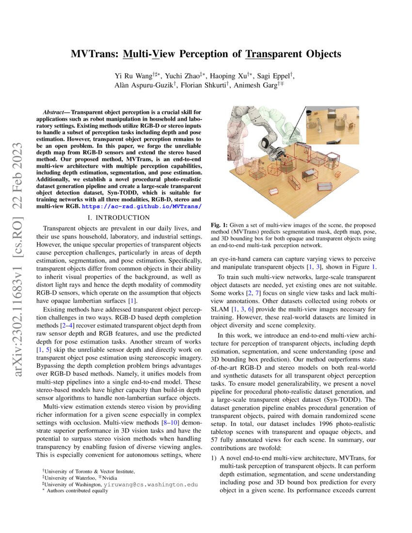 MVTrans: Multi-View Perception of Transparent Objects | DeepAI