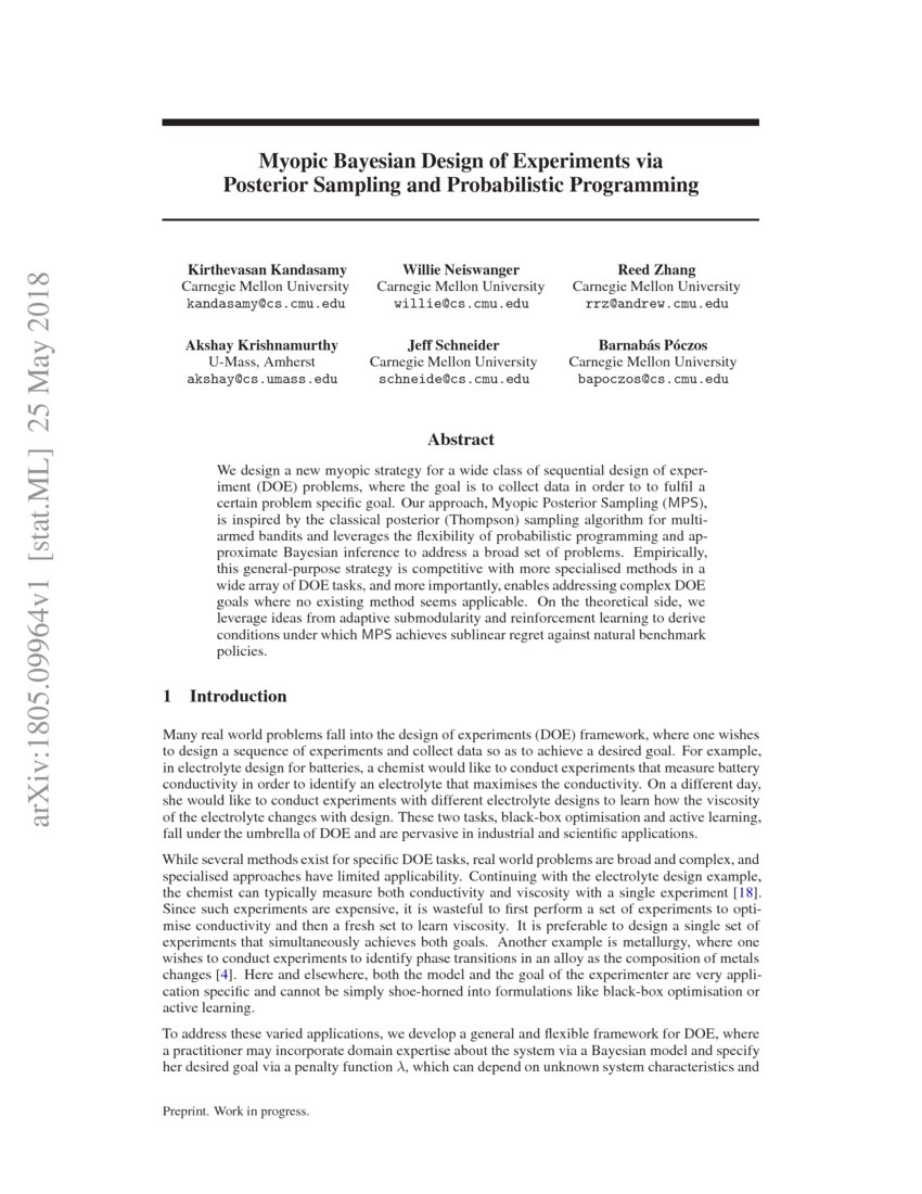 Myopic Bayesian Design of Experiments via Posterior Sampling and Probabilistic Programming | DeepAI