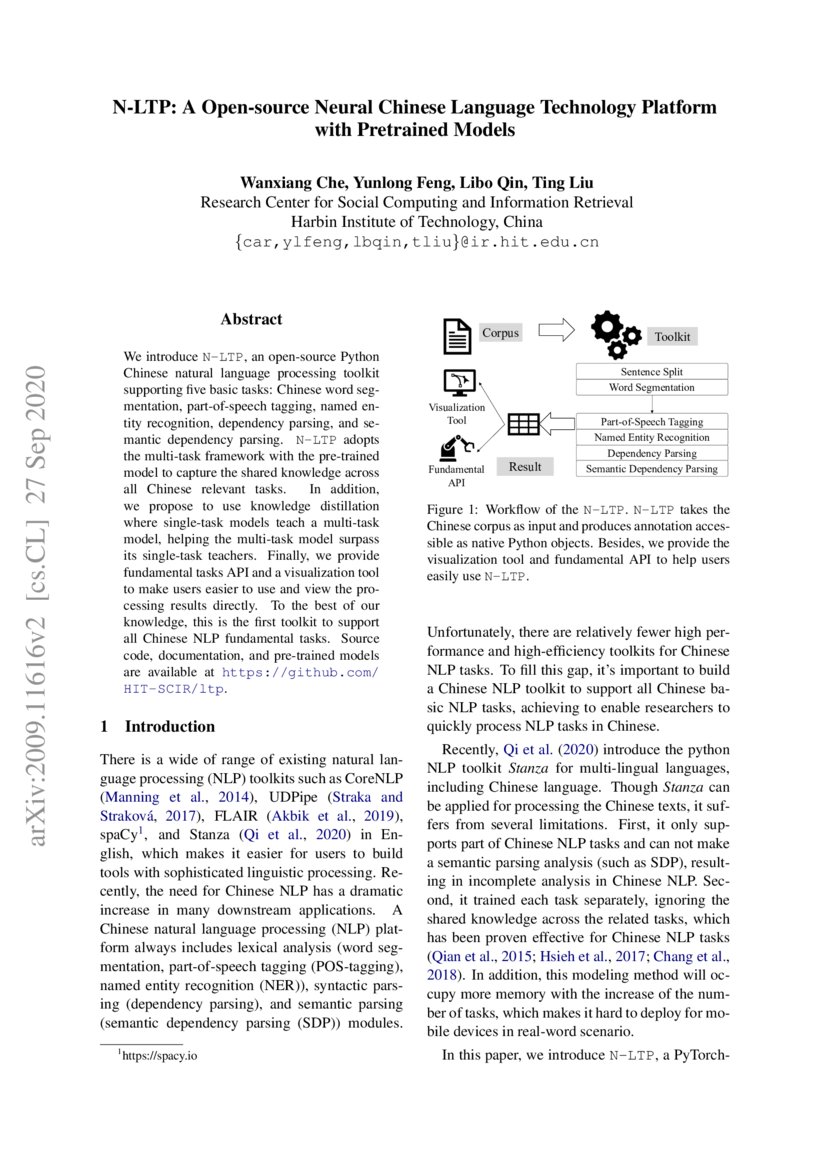 N-LTP: A Open-source Neural Chinese Language Technology Platform with Pretrained Models | DeepAI
