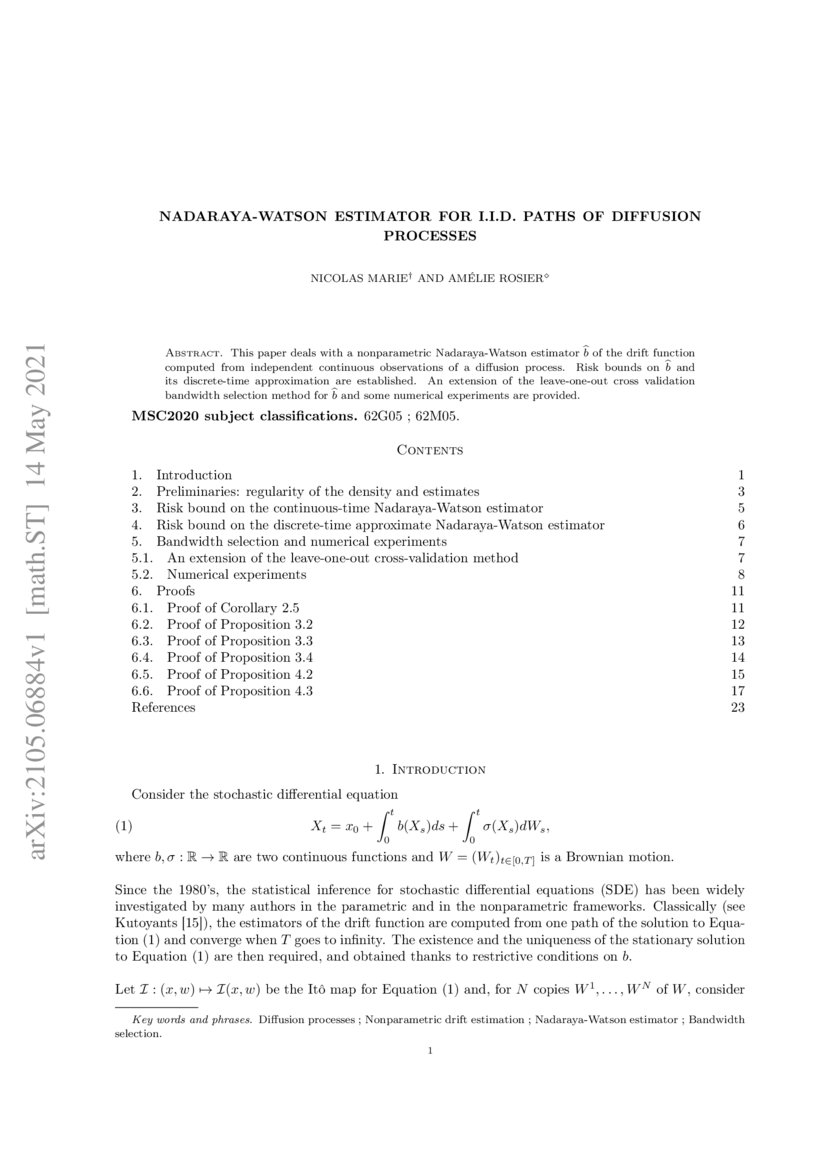 Nadaraya-Watson Estimator for I.I.D. Paths of Diffusion Processes | DeepAI