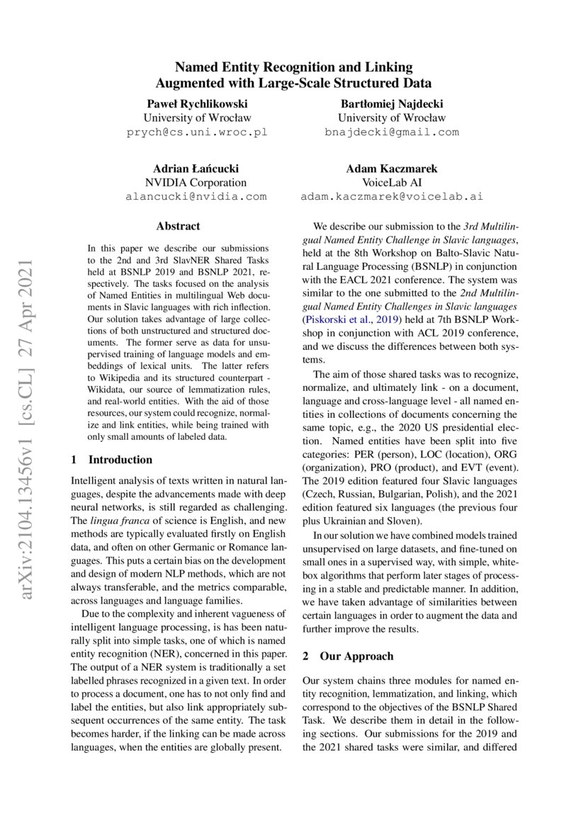 Named Entity Recognition And Linking Augmented With Large Scale Structured Data Deepai