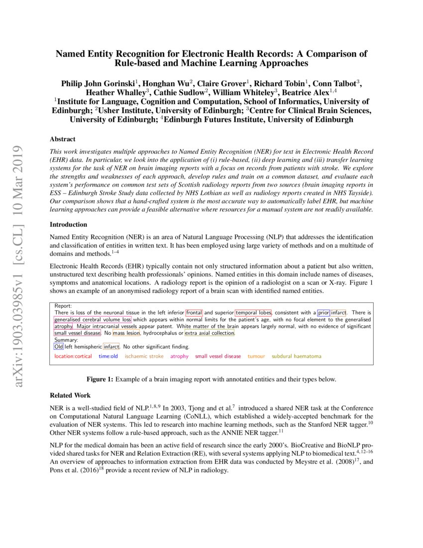 Named Entity Recognition For Electronic Health Records A Comparison Of