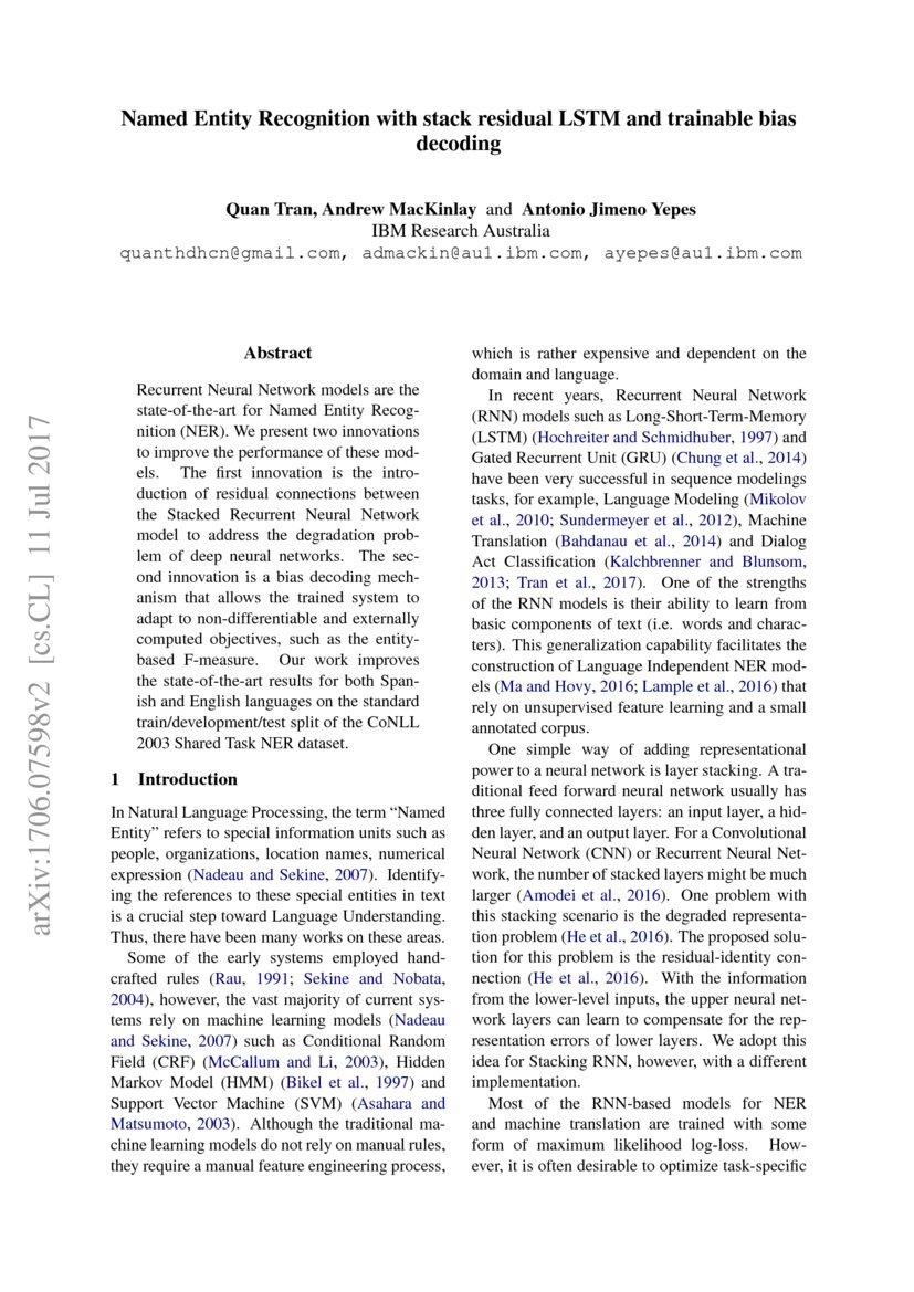 Named Entity Recognition With Stack Residual Lstm And Trainable Bias Decoding Deepai 