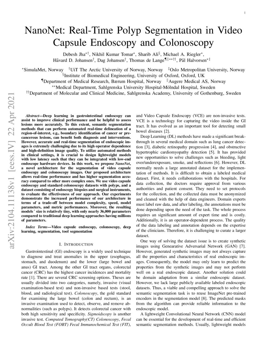 NanoNet: Real-Time Polyp Segmentation in Video Capsule Endoscopy and Colonoscopy | DeepAI