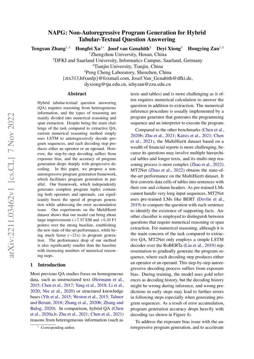 NAPG: Non-Autoregressive Program Generation for Hybrid Tabular-Textual Question Answering | DeepAI