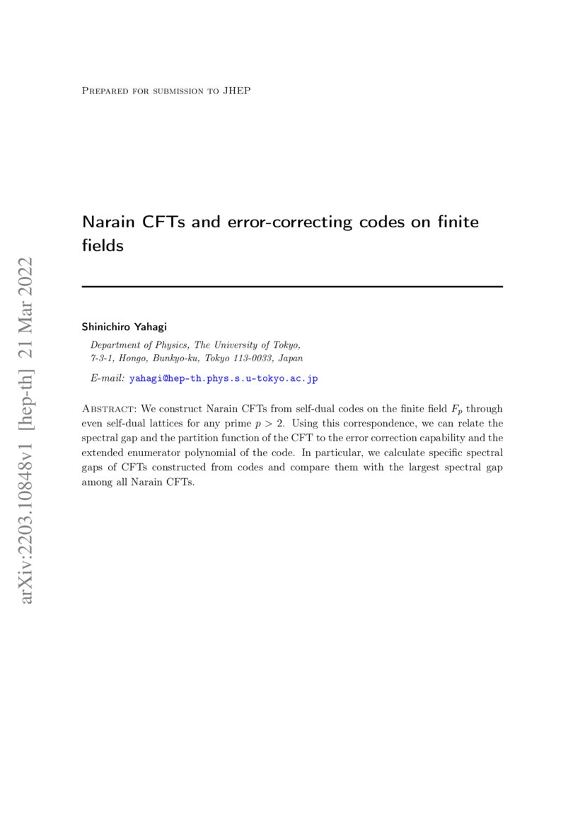 Narain Cfts And Error Correcting Codes On Finite Fields Deepai