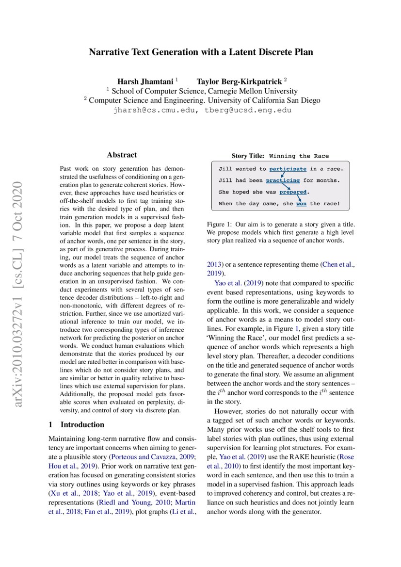 Narrative Text Generation with a Latent Discrete Plan | DeepAI