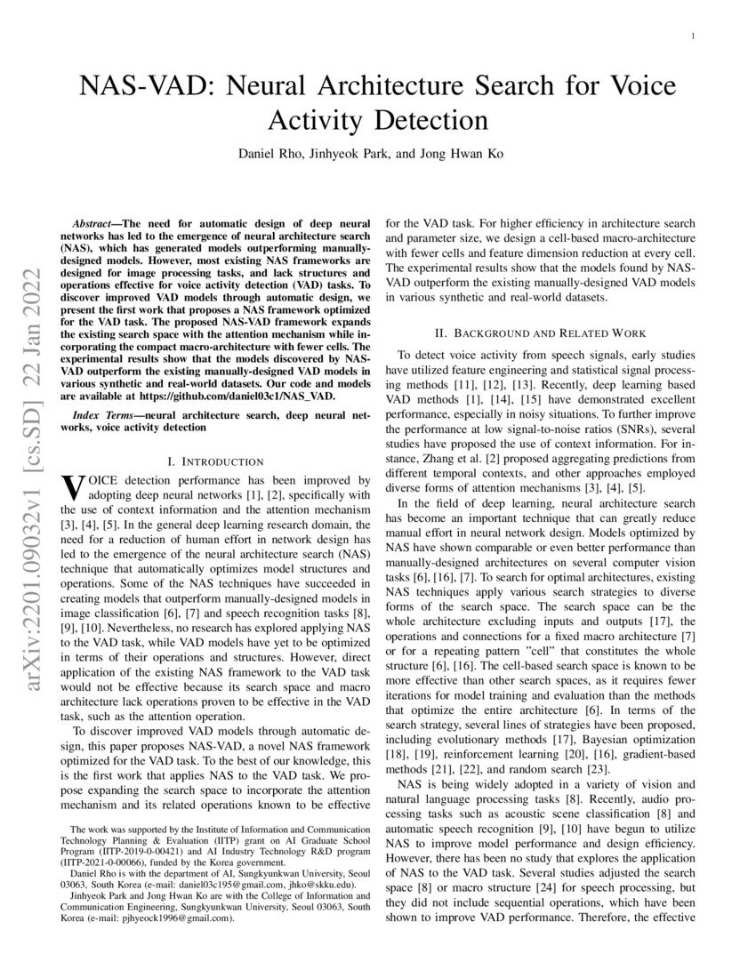 NAS-VAD: Neural Architecture Search for Voice Activity Detection | DeepAI