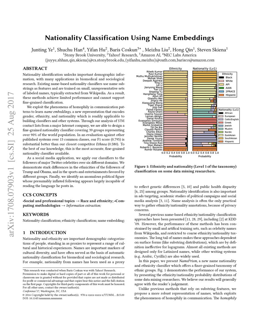 Nationality Classification Using Name Embeddings | DeepAI