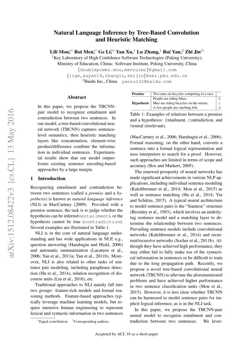 Natural Language Inference By Tree Based Convolution And Heuristic Matching Deepai