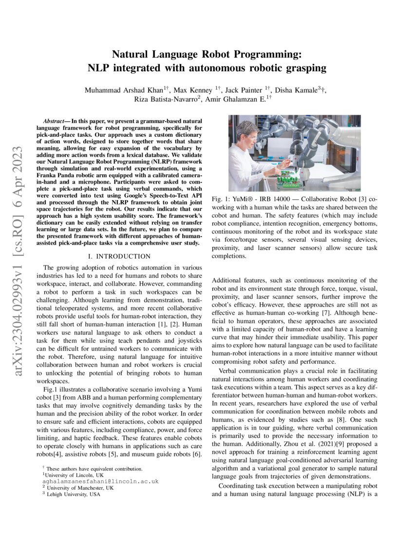 Natural Language Robot Programming Nlp Integrated With Autonomous Robotic Grasping Deepai