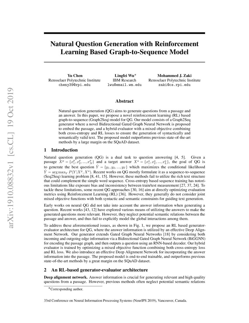 Natural Question Generation with Reinforcement Learning Based Graph-to-Sequence Model | DeepAI