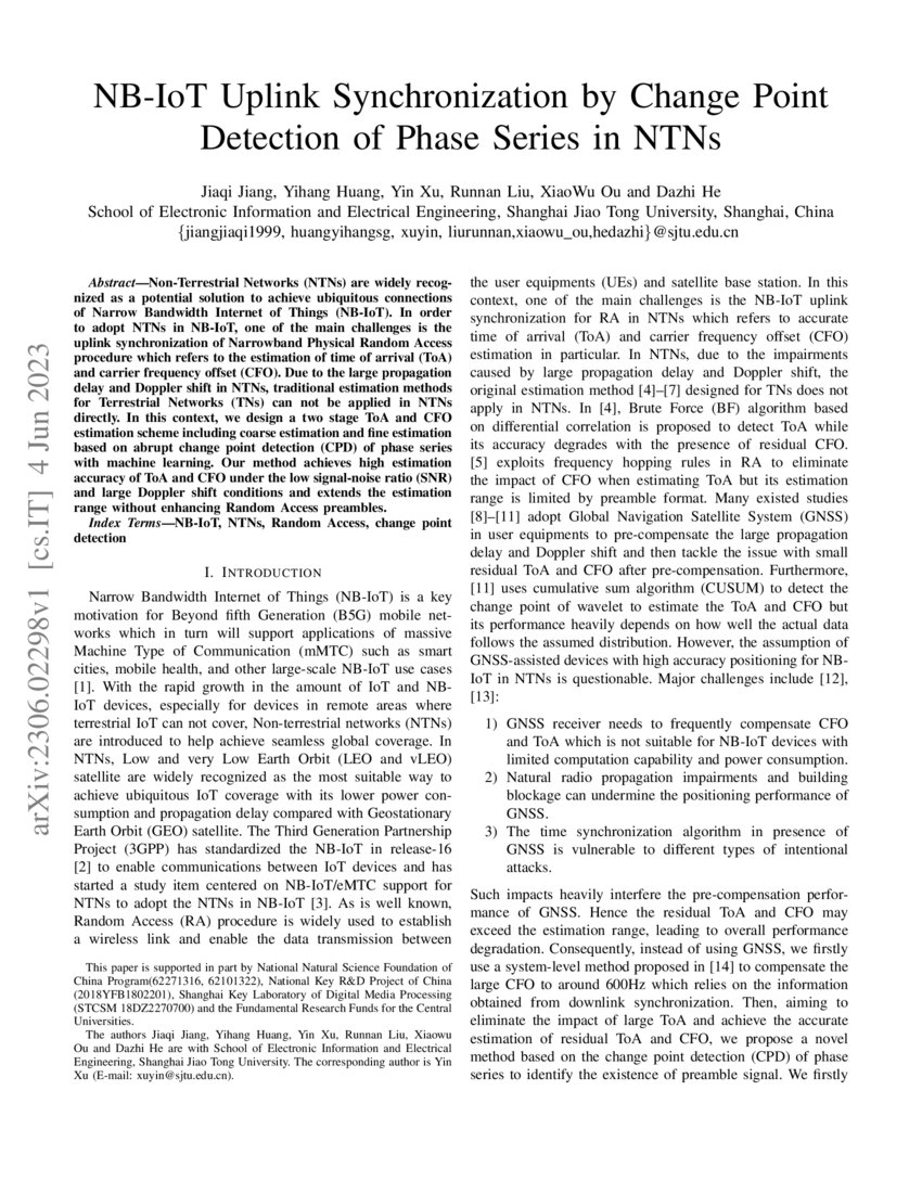 NB-IoT Uplink Synchronization by Change Point Detection of Phase Series in NTNs | DeepAI