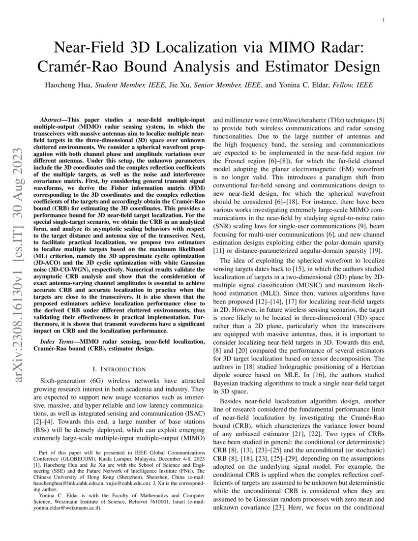 Near-Field 3D Localization via MIMO Radar: Cramér-Rao Bound Analysis and Estimator Design | DeepAI