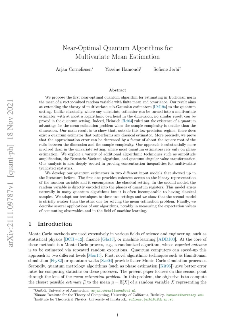 Near-Optimal Quantum Algorithms for Multivariate Mean Estimation | DeepAI