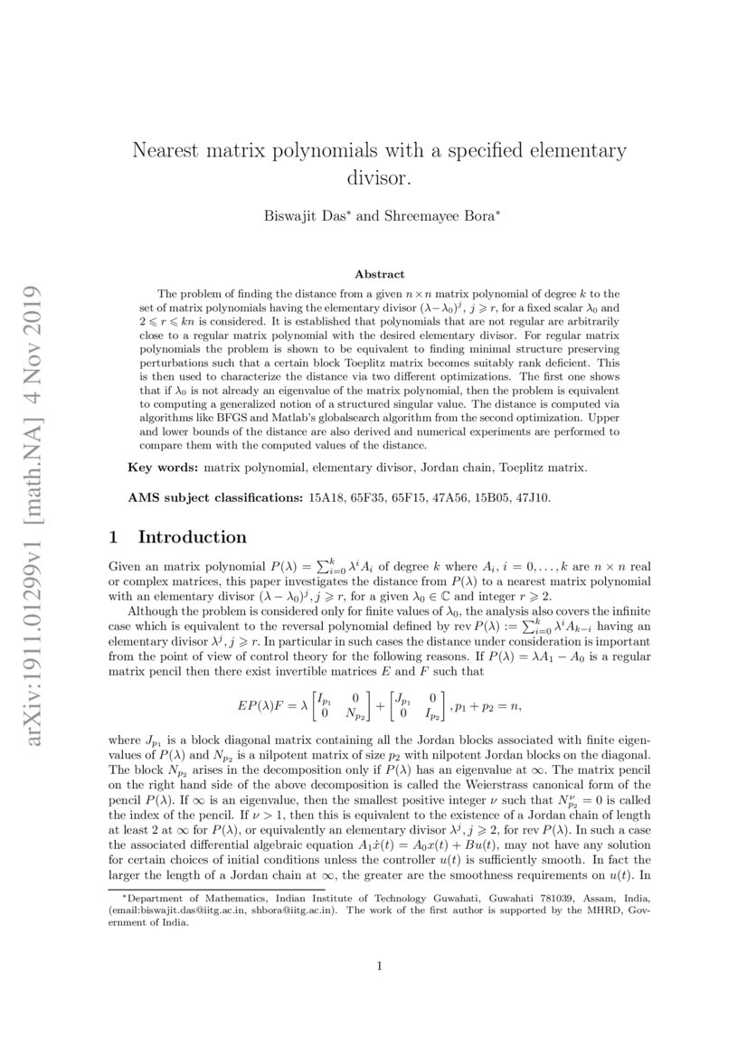 Nearest matrix polynomials with a specified elementary divisor | DeepAI