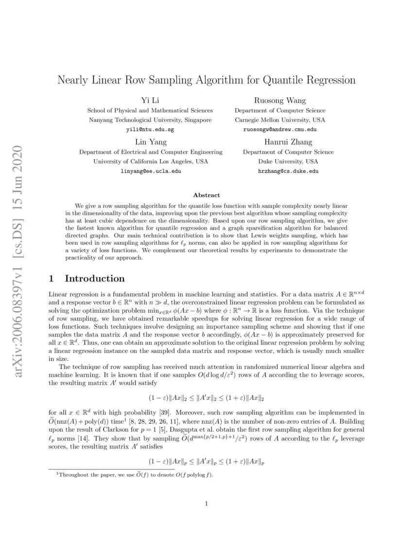 Nearly Linear Row Sampling Algorithm For Quantile Regression Deepai