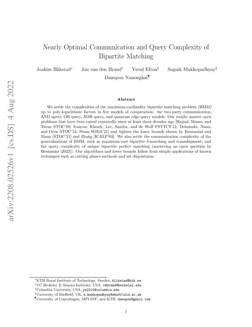 Nearly Optimal Communication And Query Complexity Of Bipartite Matching Deepai