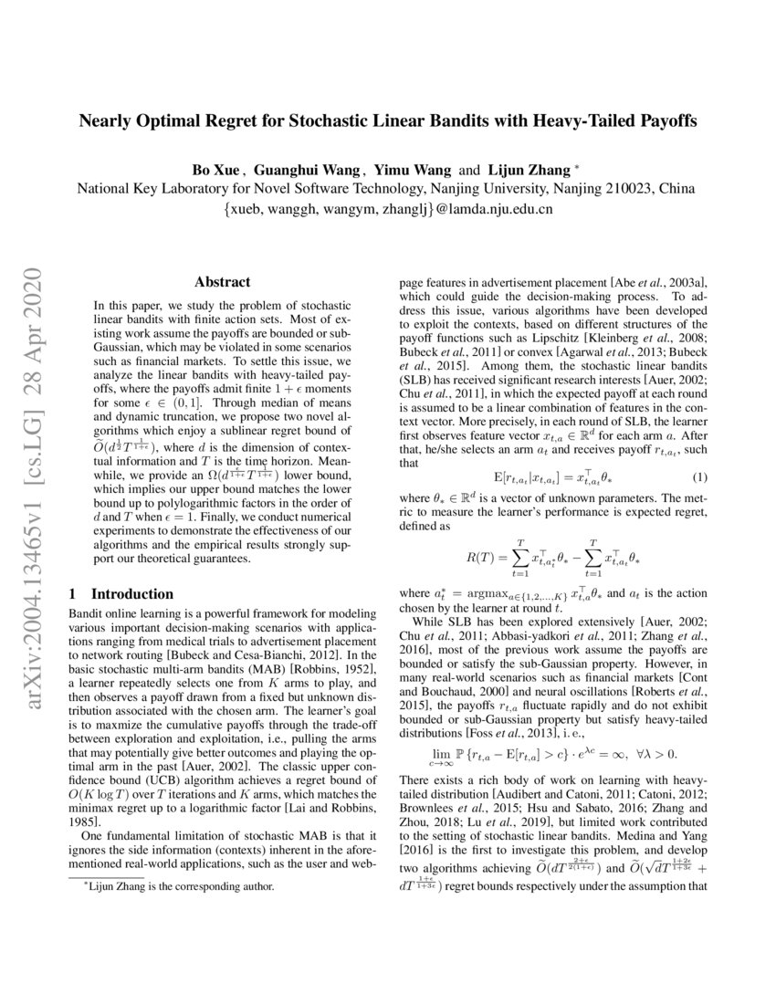 Nearly Optimal Regret for Stochastic Linear Bandits with Heavy-Tailed Payoffs | DeepAI