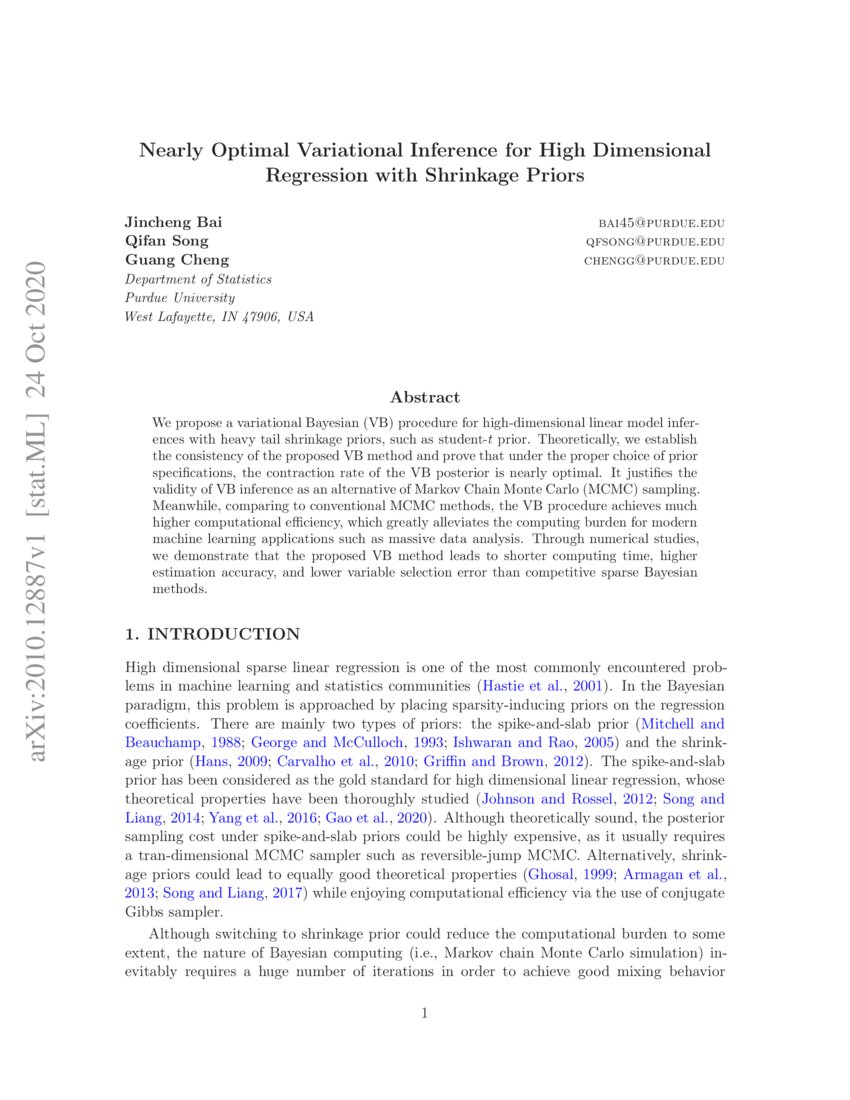 Nearly Optimal Variational Inference for High Dimensional Regression with Shrinkage Priors | DeepAI